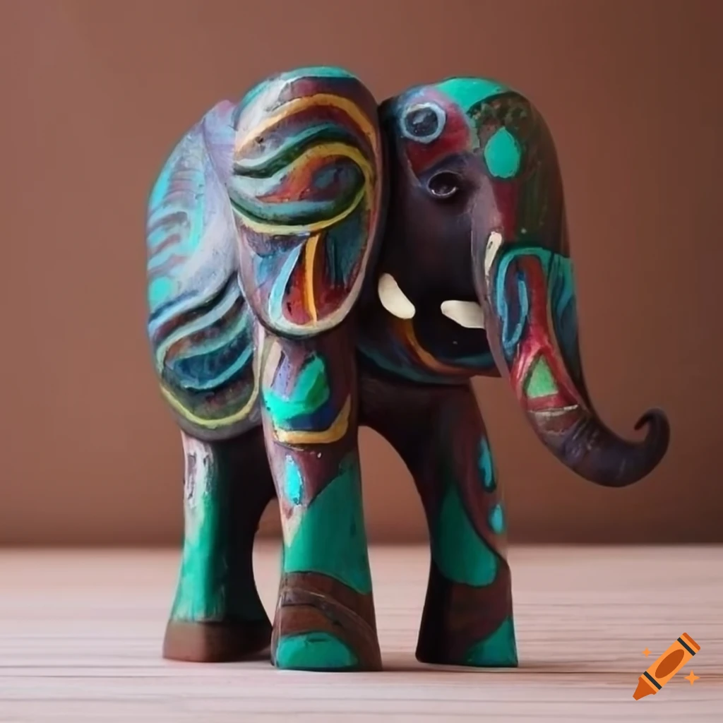 Wooden elephant with colorful markings in a Bali primitive art style on ...