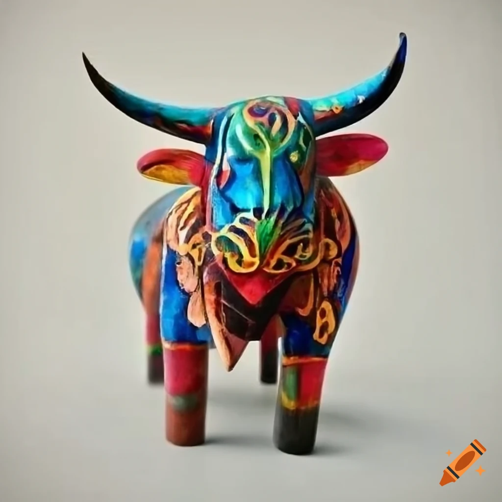 Wooden bali bull with colorful markings in a primitive art style on Craiyon