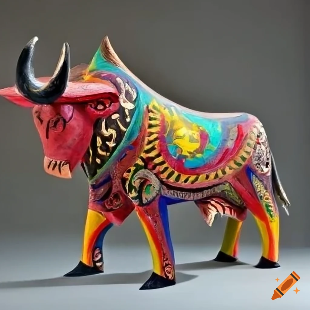 Wooden bali bull with colorful markings in a primitive art style on Craiyon