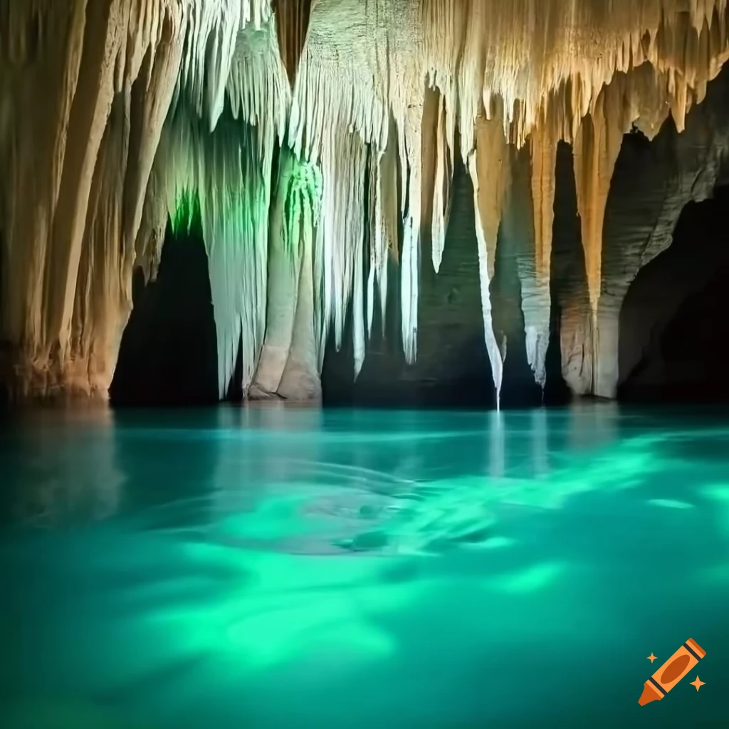 Large underground lake in a cave with illuminated stalactites on Craiyon