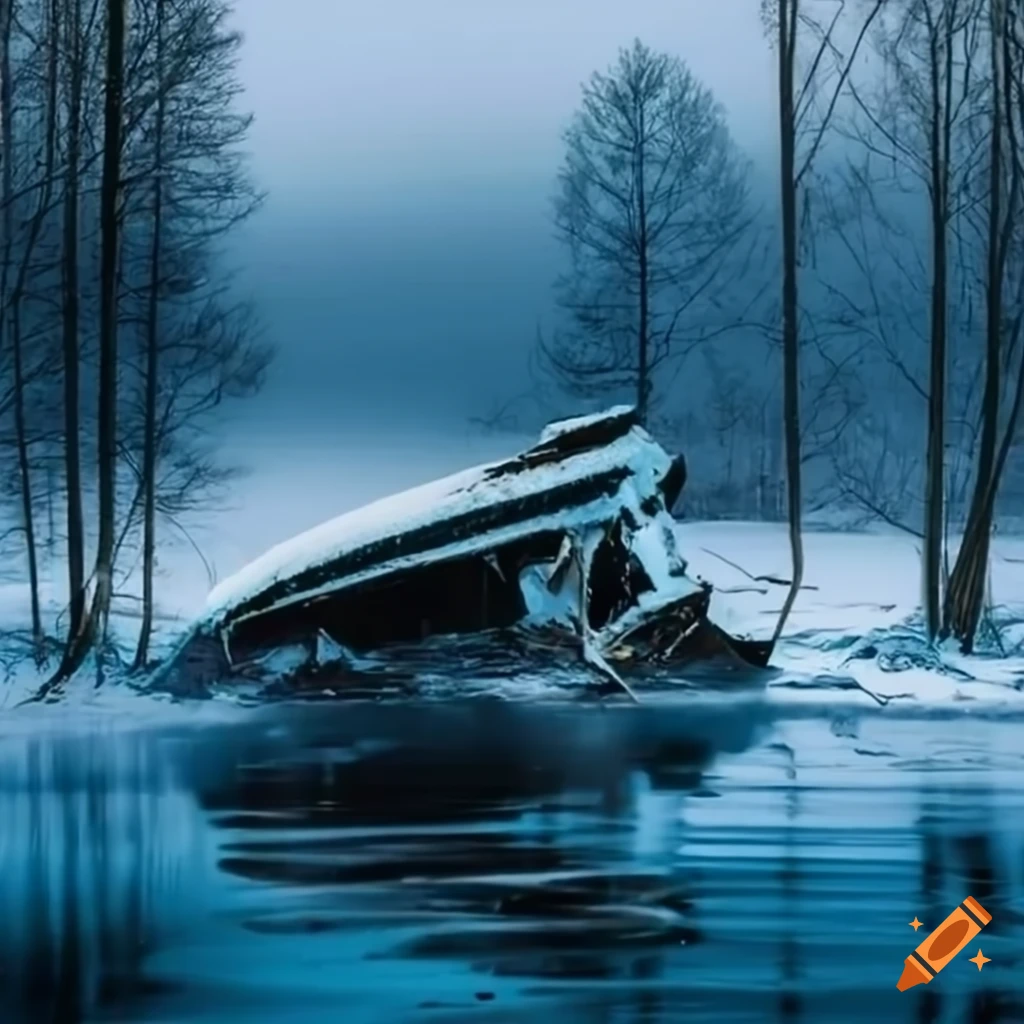 Spaceship crashed in a winter forest near a lake on Craiyon