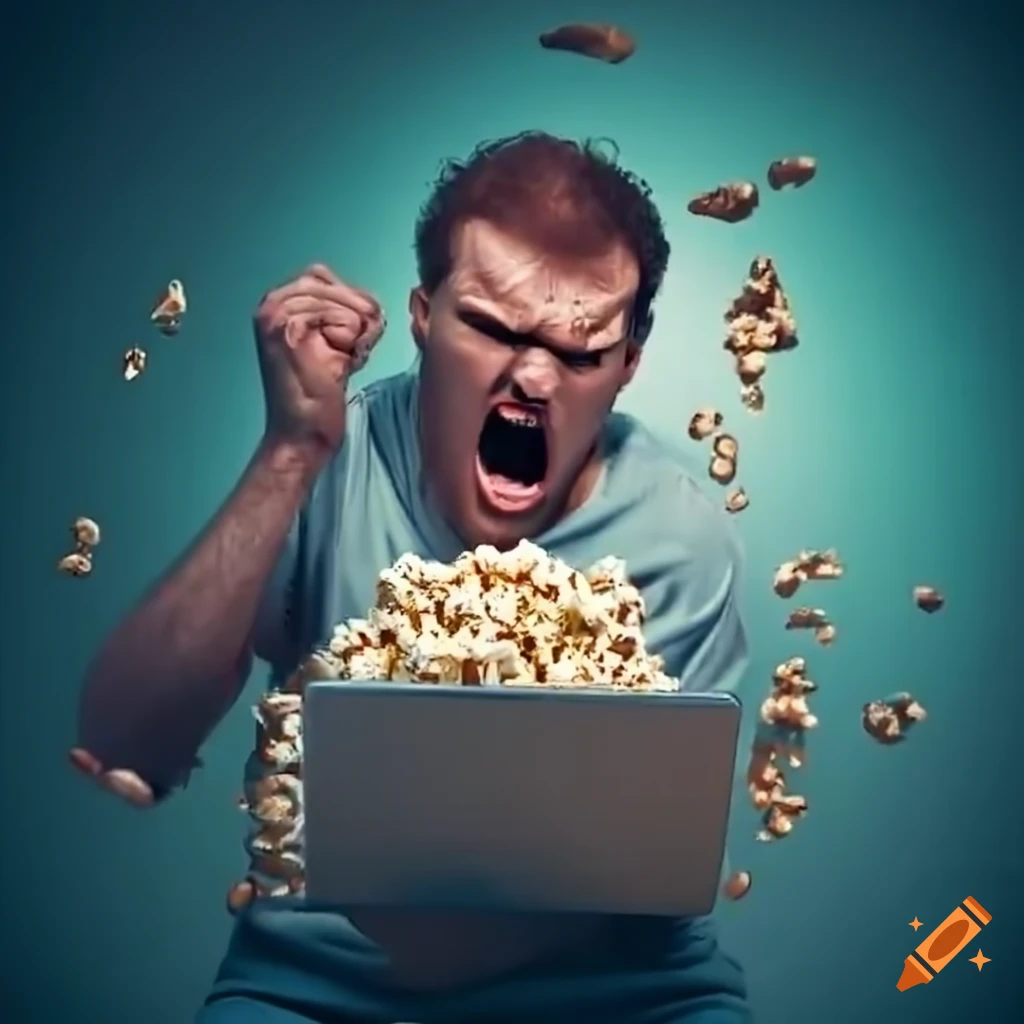 Angry man destroying laptop with popcorn on Craiyon