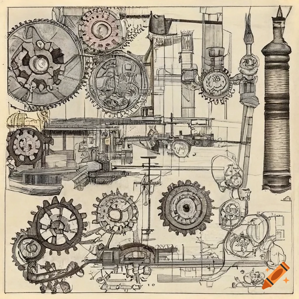Intricate pencil drawing of a victorian gadget with gears and steam ...
