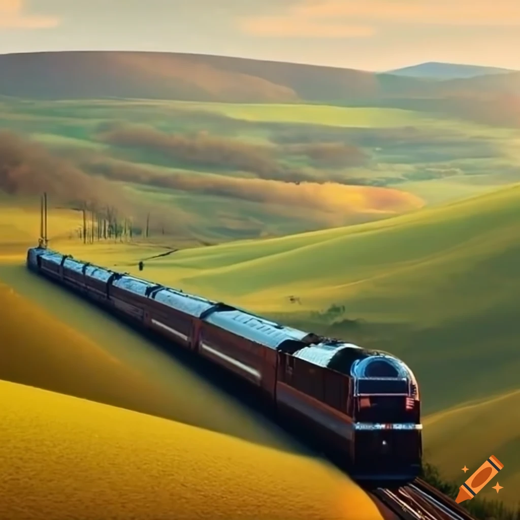 Express train amidst rolling hills in the countryside on Craiyon