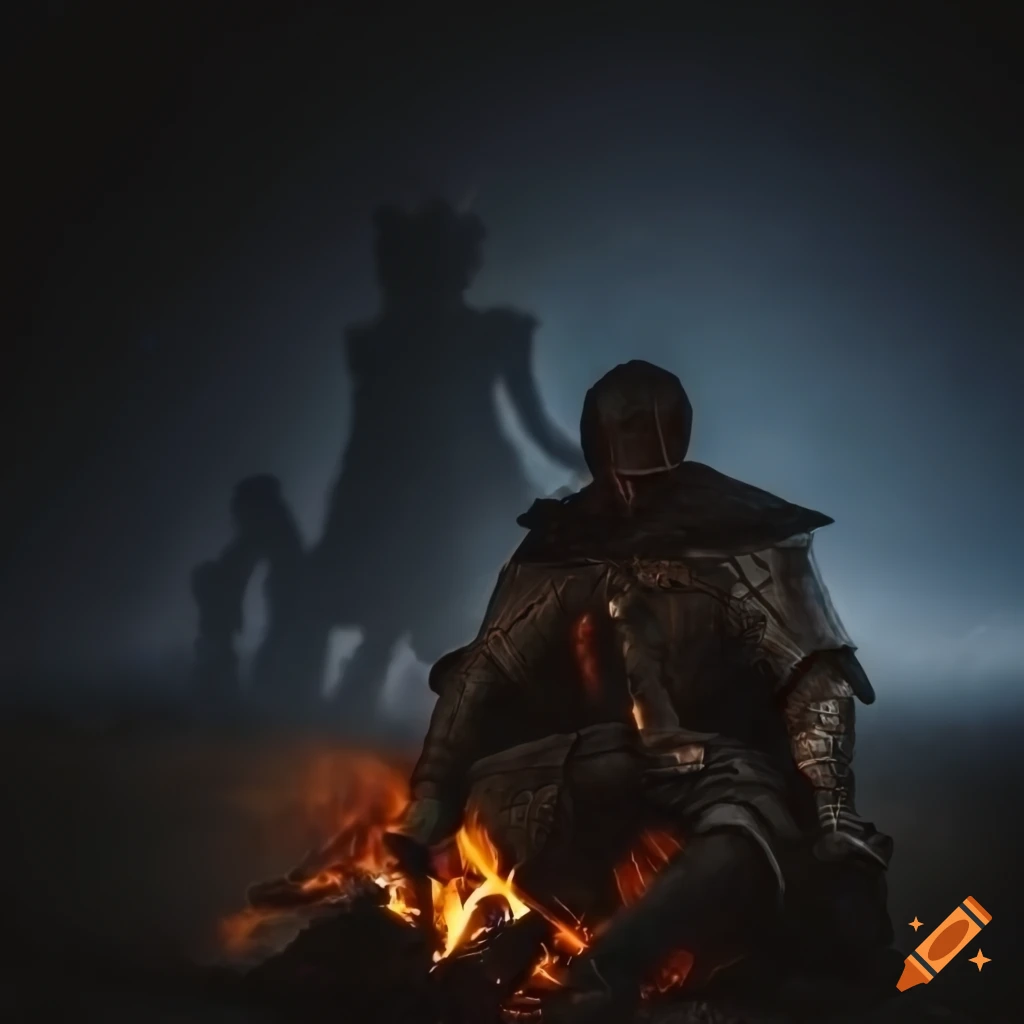 Battle-worn knight near campfire in dark wasteland with lurking ...