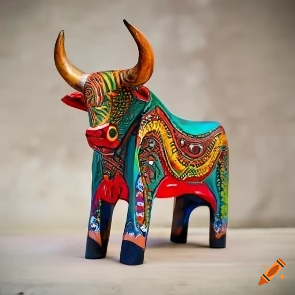 Wooden Bali bull with colorful markings in a primitive art style on Craiyon
