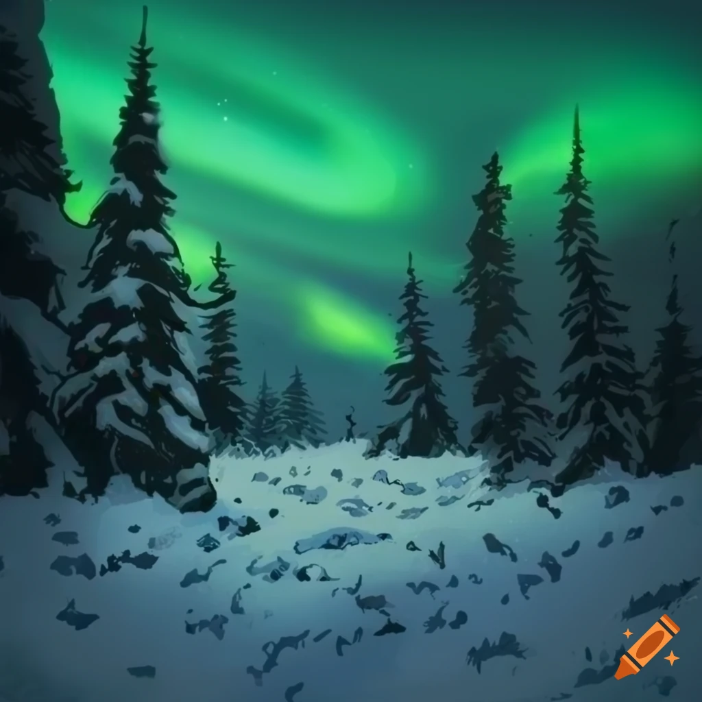 Norse style comic cover of snow-covered forest with northern lights on ...