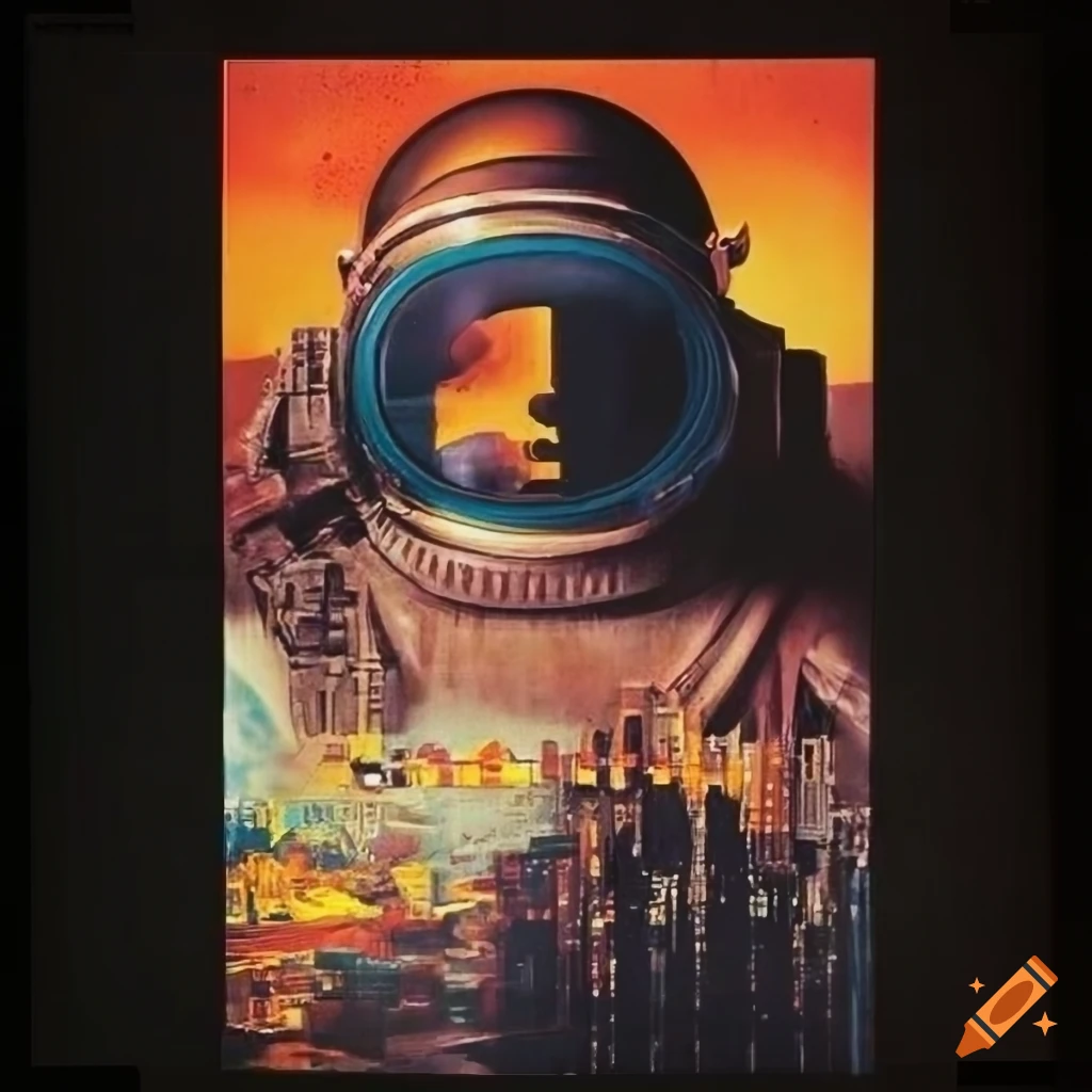 Vintage sci-fi collage poster showing reflection in astronaut's visor ...