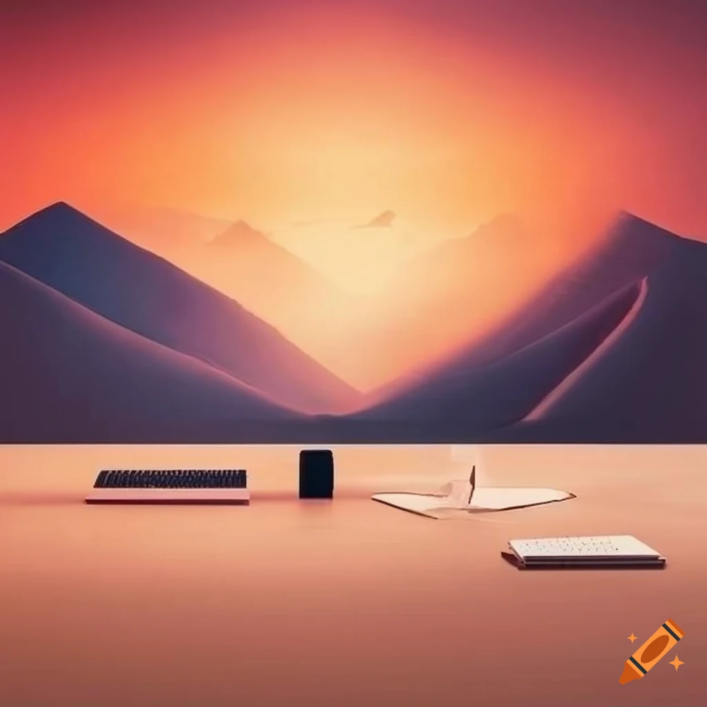 Modern office setup with digital screens in a desert landscape on Craiyon