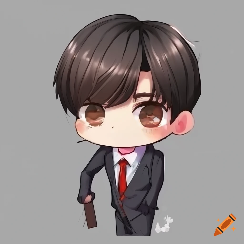 Chibi anime-style Korean male CEO character in a suit on Craiyon
