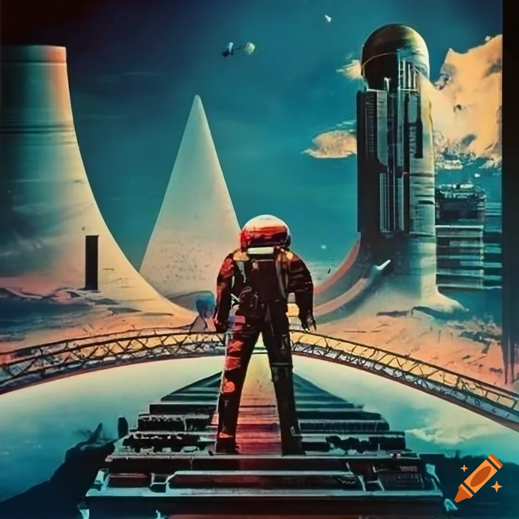 1970's sci-fi collage poster of astronauts exploring an alien world ...