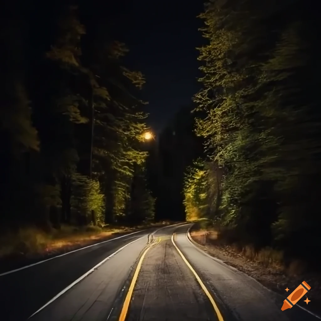 Dark road at night on Craiyon