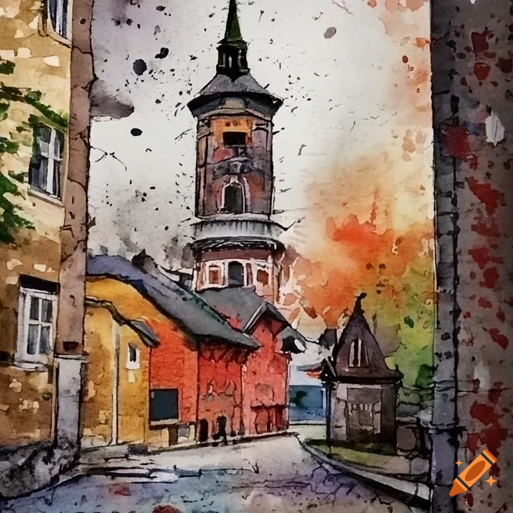 Fragmented watercolor of a Norwegian bell tower on Craiyon