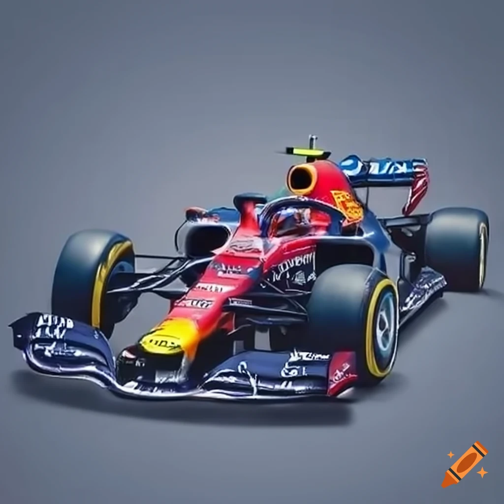 Red, yellow, and navy blue racing car on Craiyon