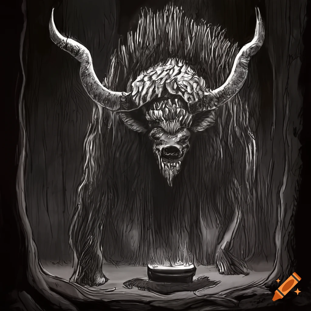 Eldritch demon bison altar in a creepy forest in black and white on Craiyon