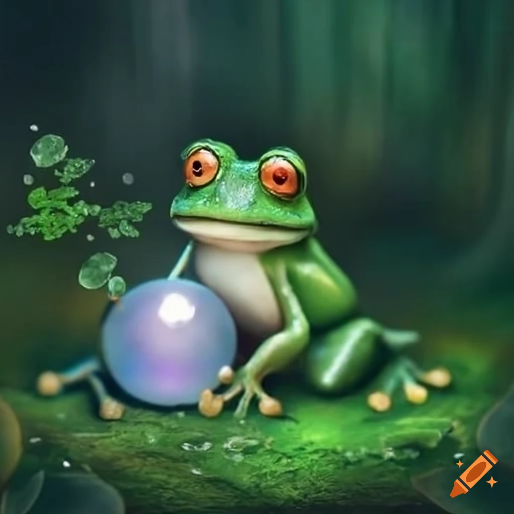 Captivating fairy frog with crystal orb in magical forest on Craiyon