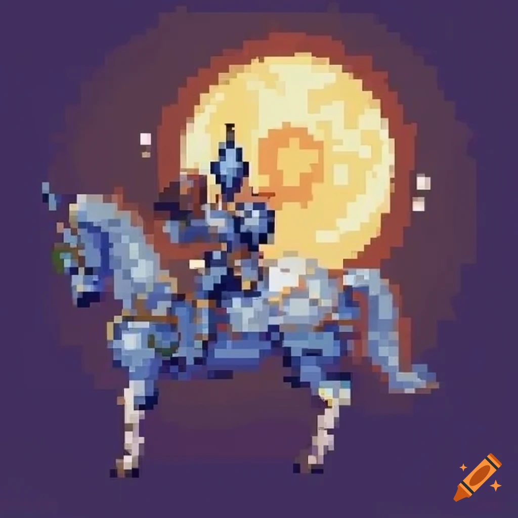 Pixel art of a magic knight riding a horse under the moon on Craiyon