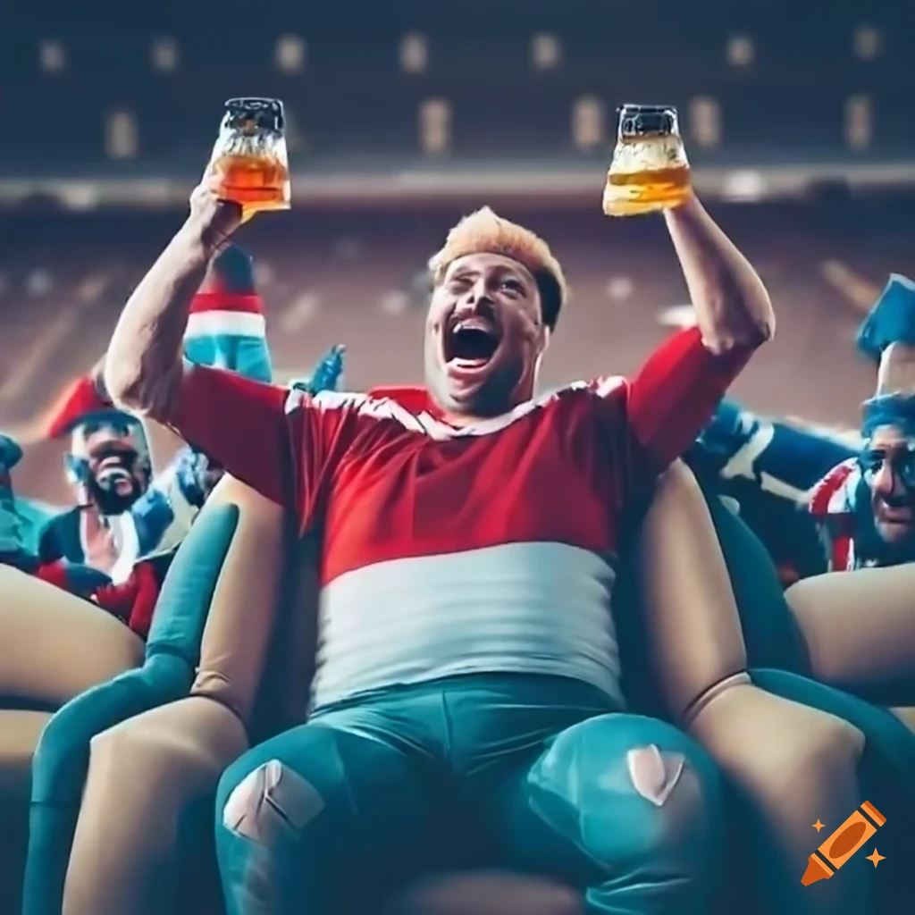 Enthusiastic football fan cheering at the stadium with a cold beer on ...