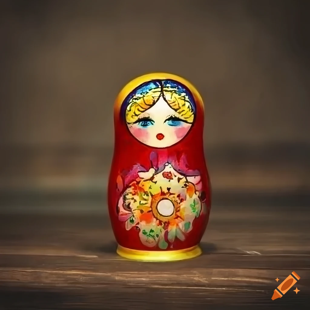 Zhostovo painting matryoshka set on wooden background on Craiyon