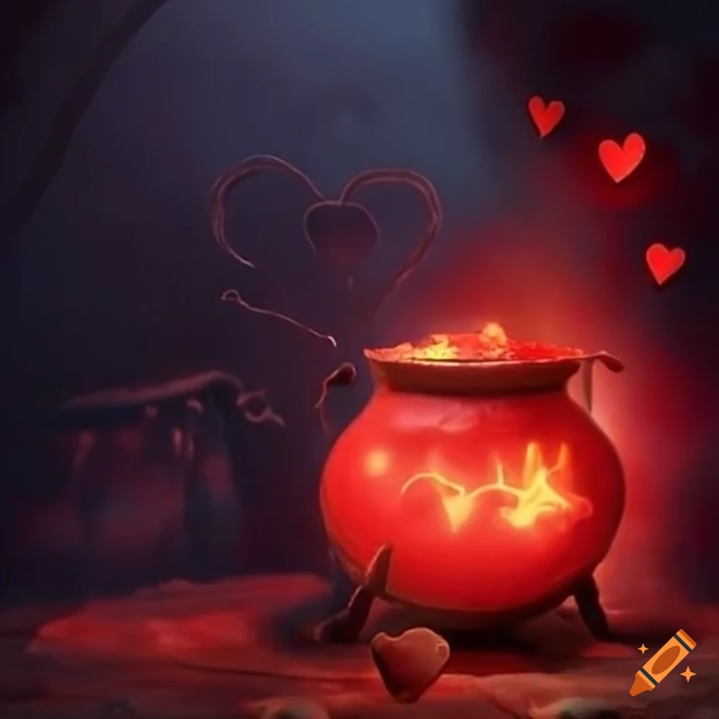 Witch's cauldron filled with glowing red hearts on Craiyon