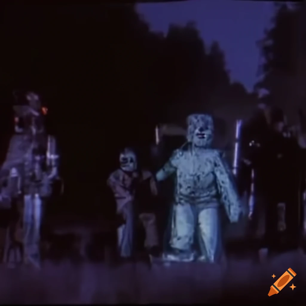 1970's vhs low budget zombie movie scene with 'robot bodies' on Craiyon