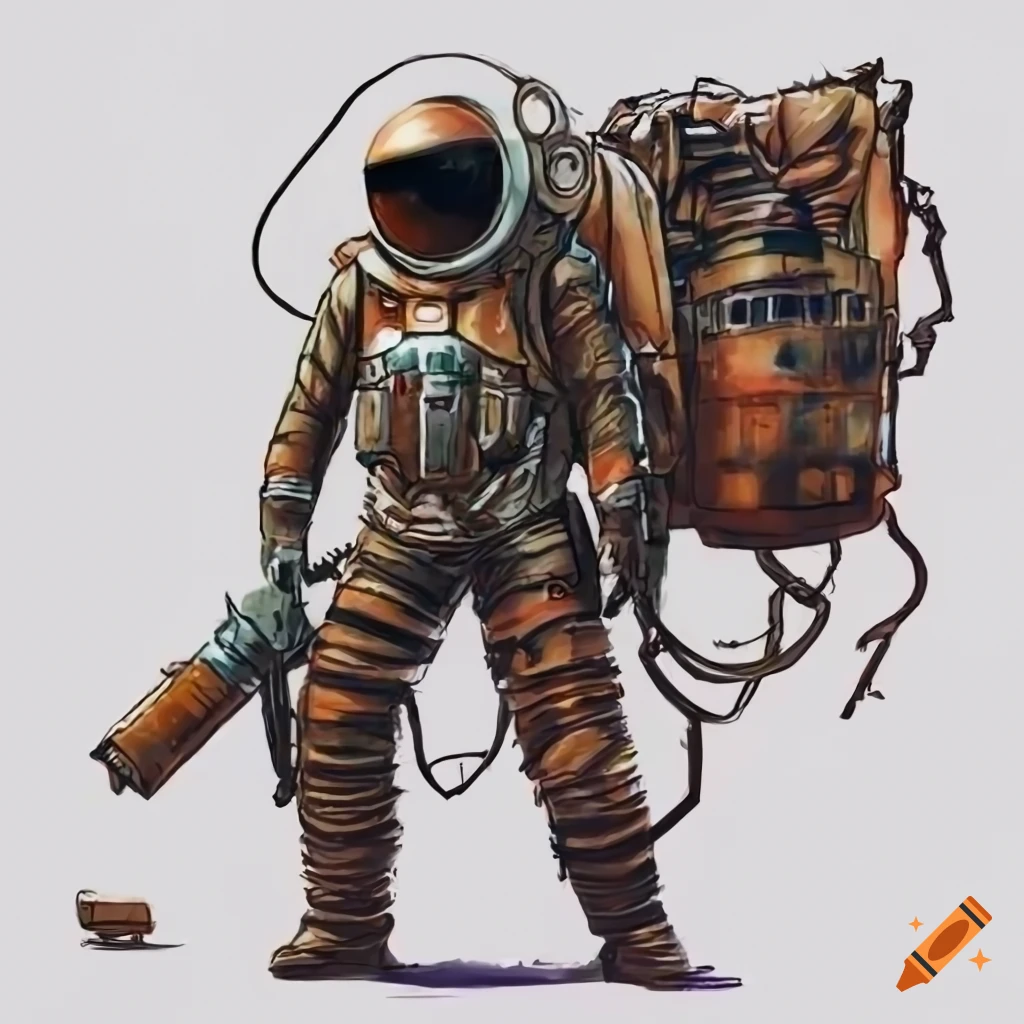 Character design of a retro sci-fi raygun-gothic astronaut-scavenger in a post-apocalyptic ...