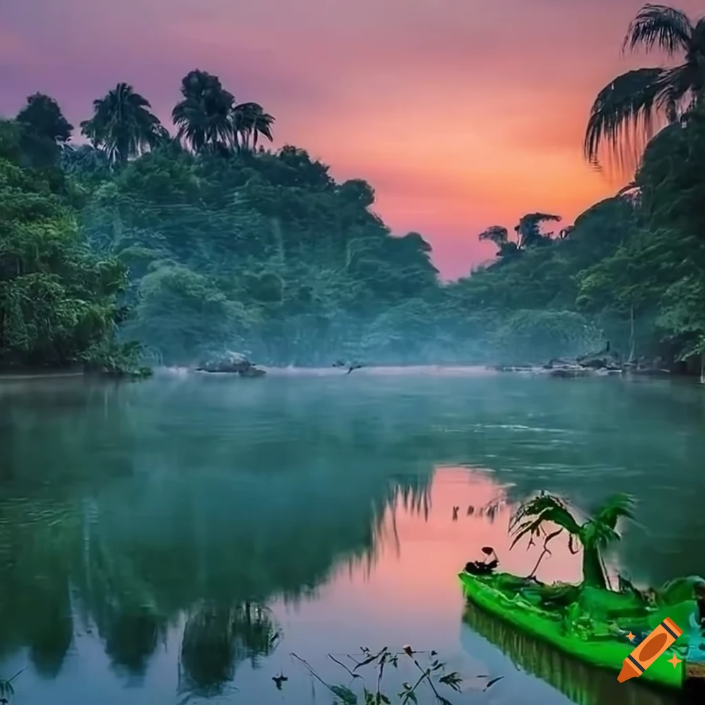 Breathtaking sunset over a vietnam jungle meeting clear seawater and ...