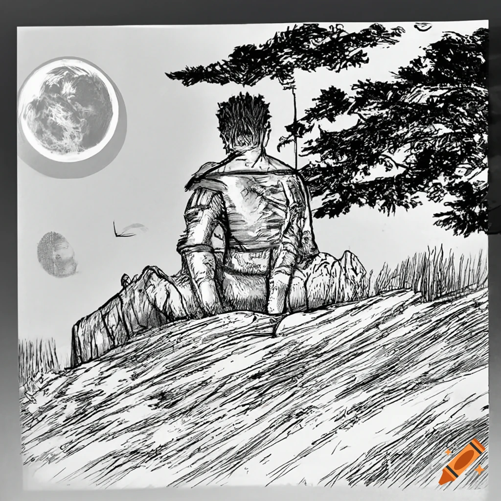 Character Guts from Berserk sitting under a tree with a black sword ...
