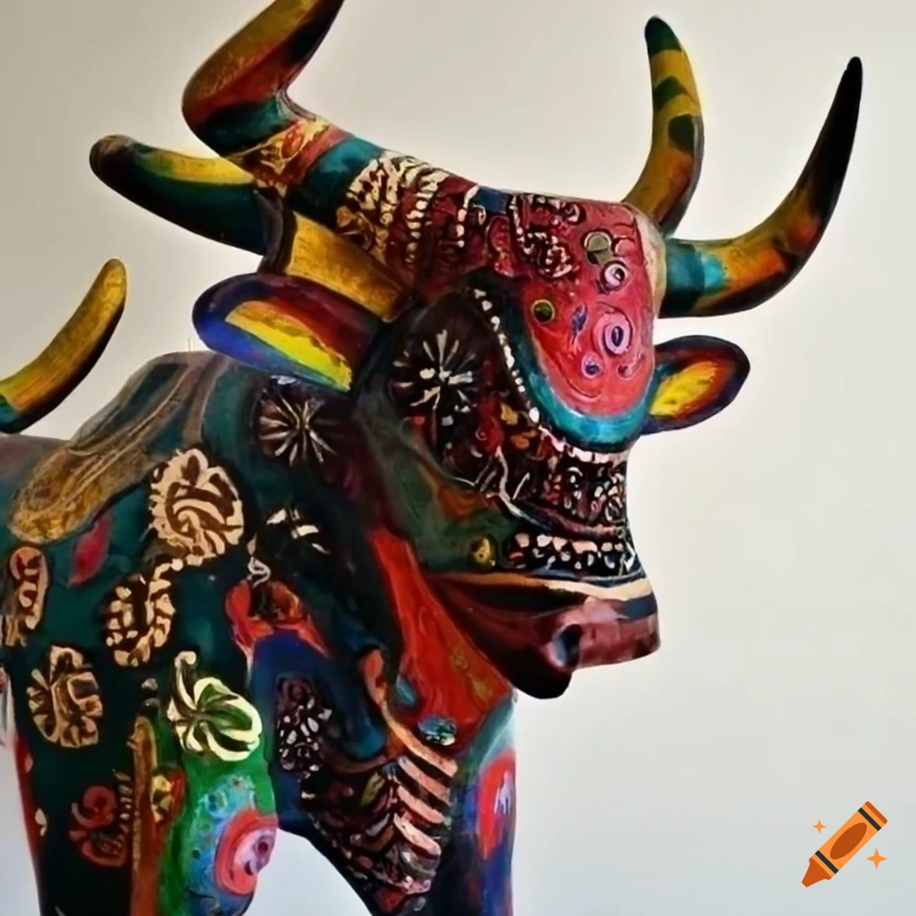 Wooden bali bull with colorful markings in a primitive art style on Craiyon