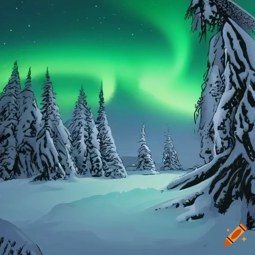 Norse style comic cover of a snow-covered forest under the northern ...