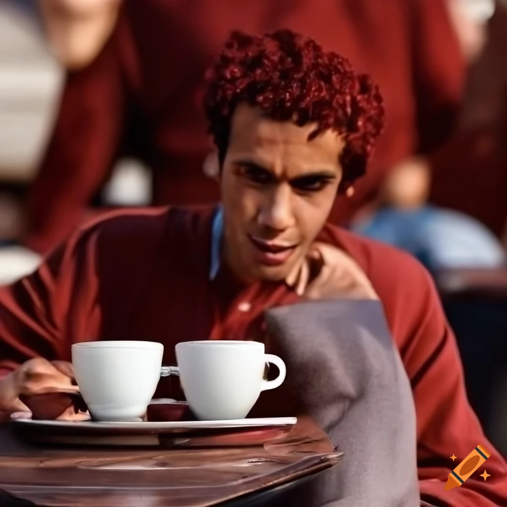 Group of men with maroon hair enjoying coffee at outdoor cafe on Craiyon