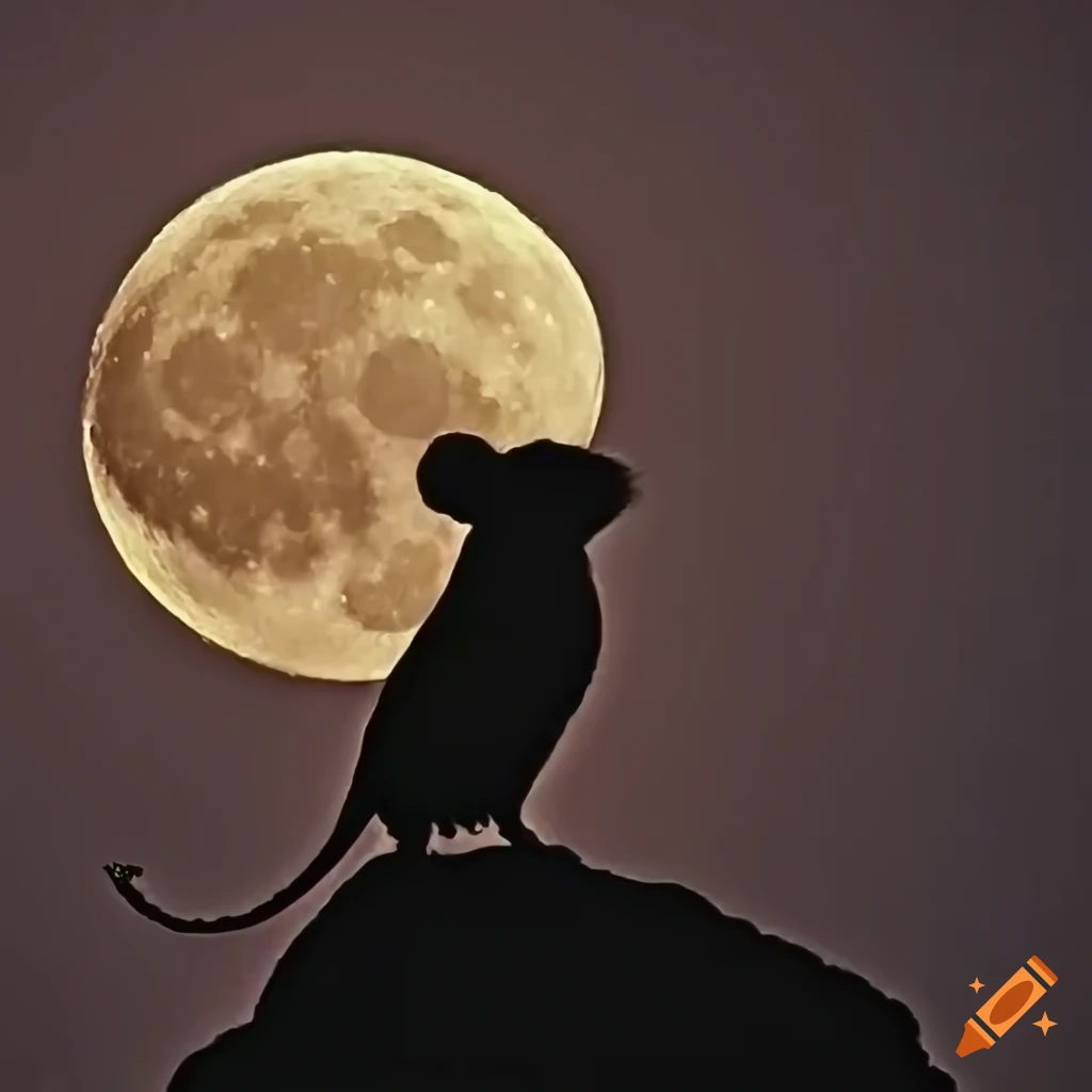 Silhouette of a mouse howling at the full moon on a rock on Craiyon