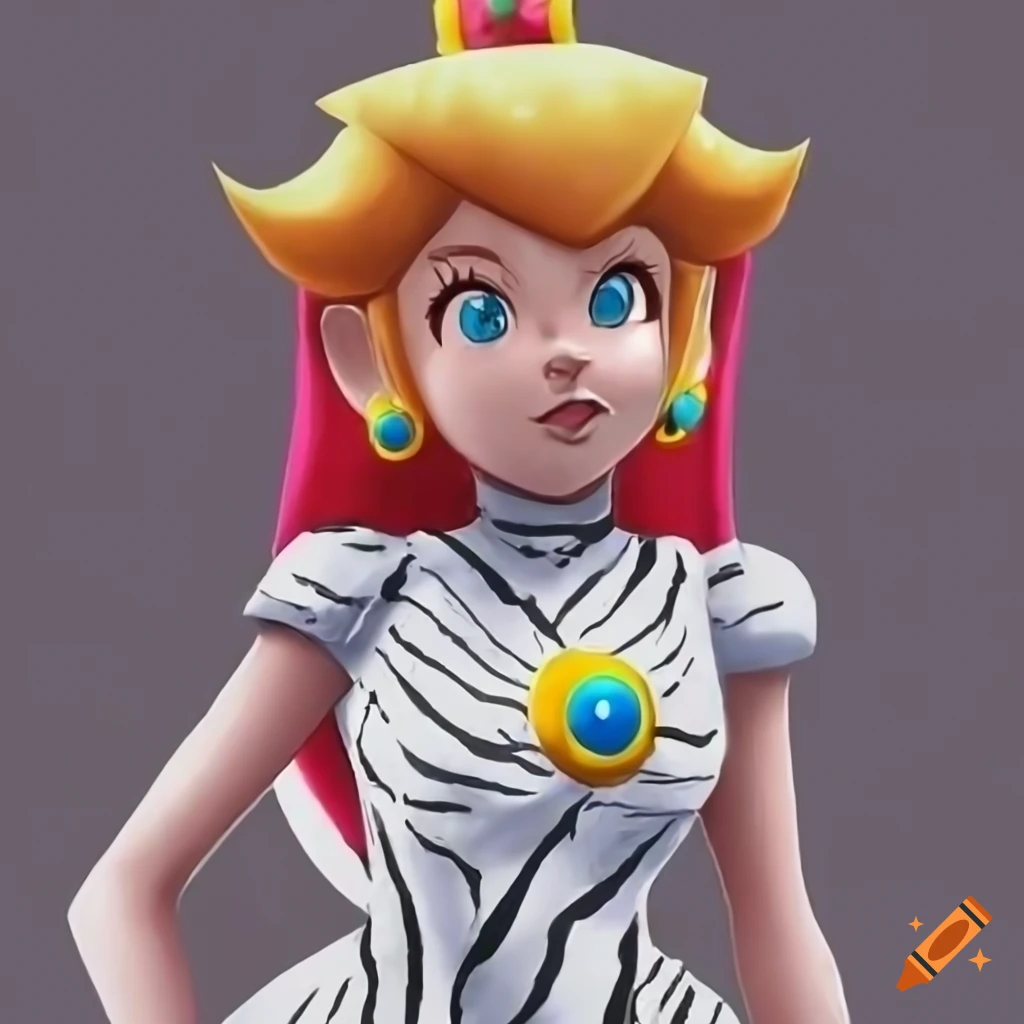 Princess Peach with red hair in a white zebra print dress on Craiyon