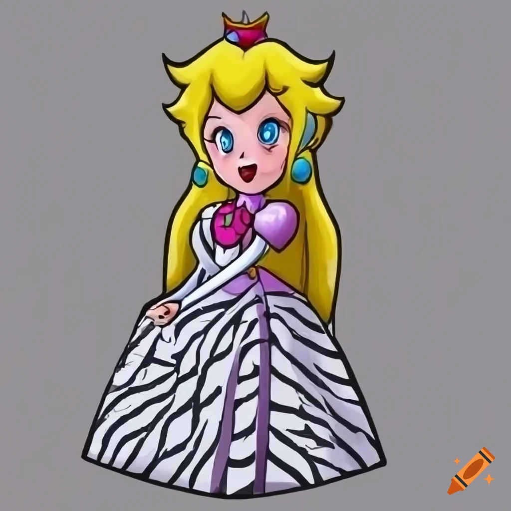 Princess peach with red hair in a white zebra print dress on Craiyon