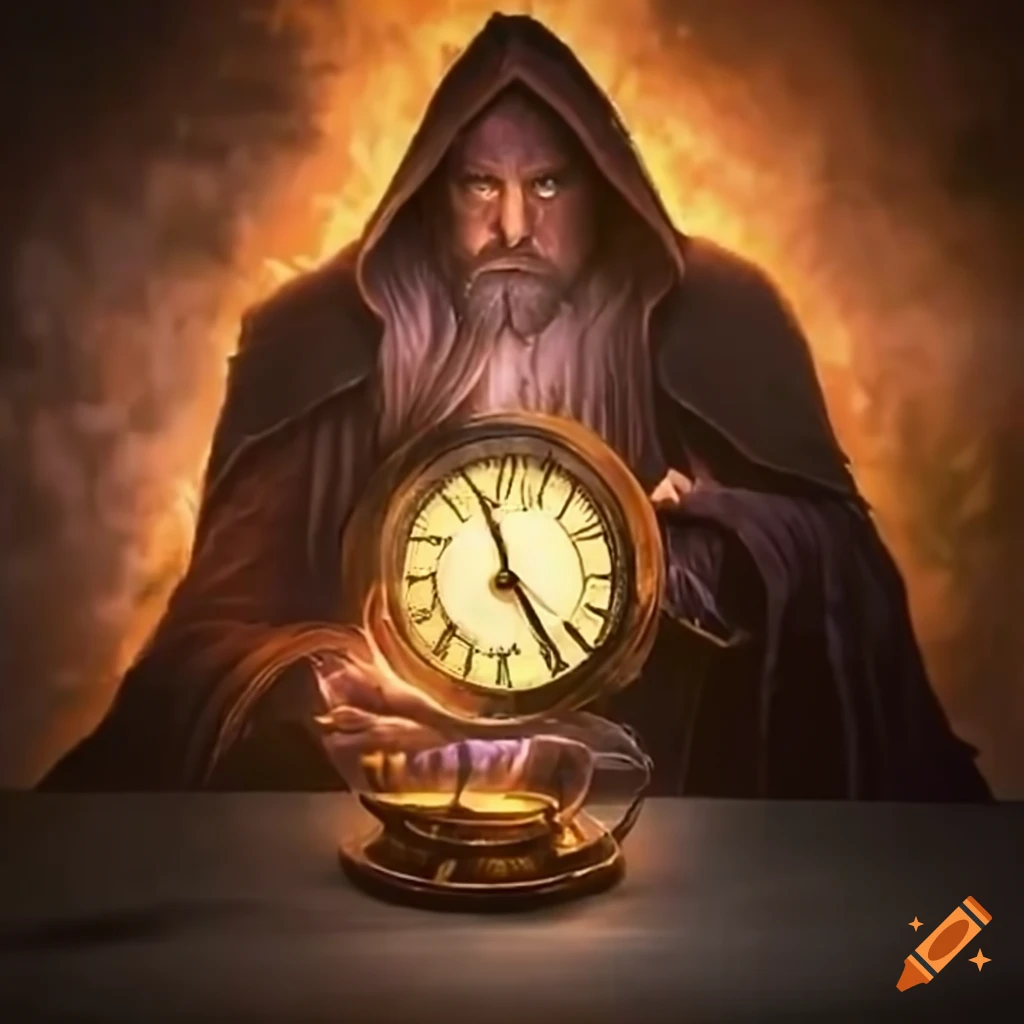 Mage casting spells under a big clock with a panicked expression on Craiyon