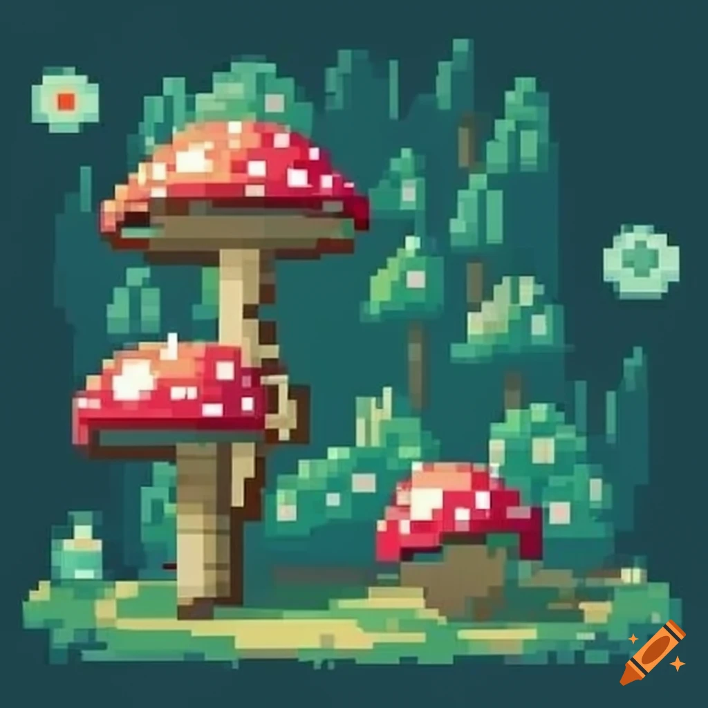 Detailed pixel art of a forest with mushrooms on Craiyon
