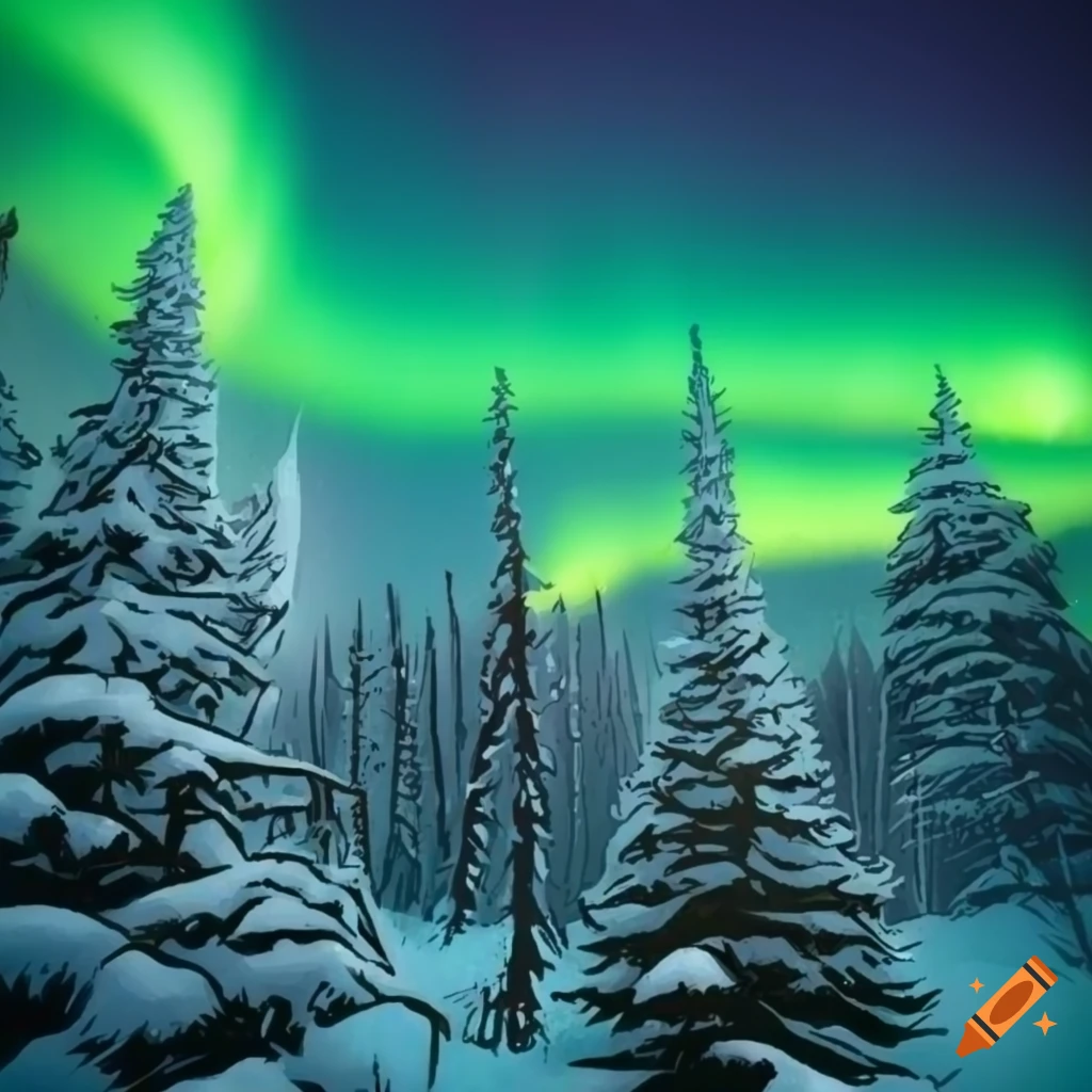 Norse style comic cover of a snow-covered forest with northern lights ...