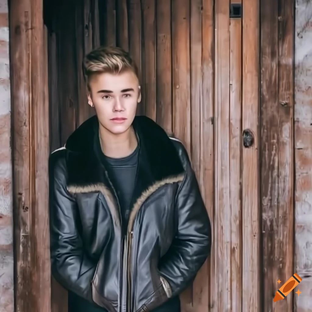 Singer in aged brown sheepskin bomber jacket and high-waist black ...