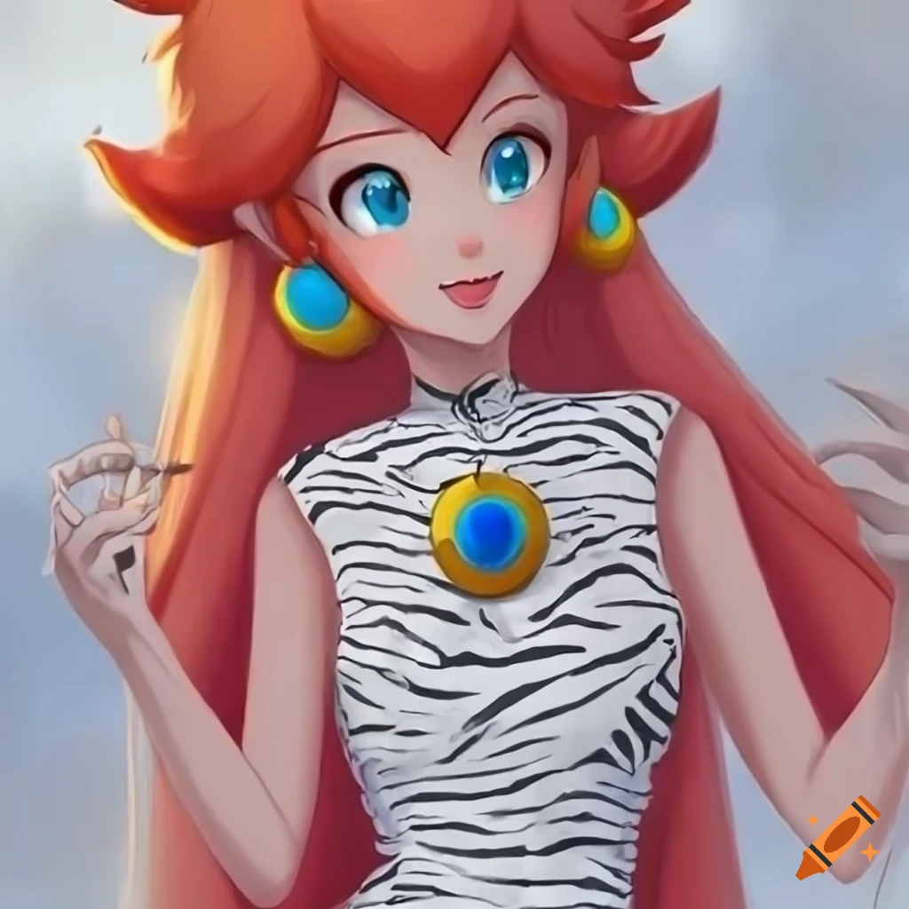 Princess peach with red hair in white zebra print dress on Craiyon