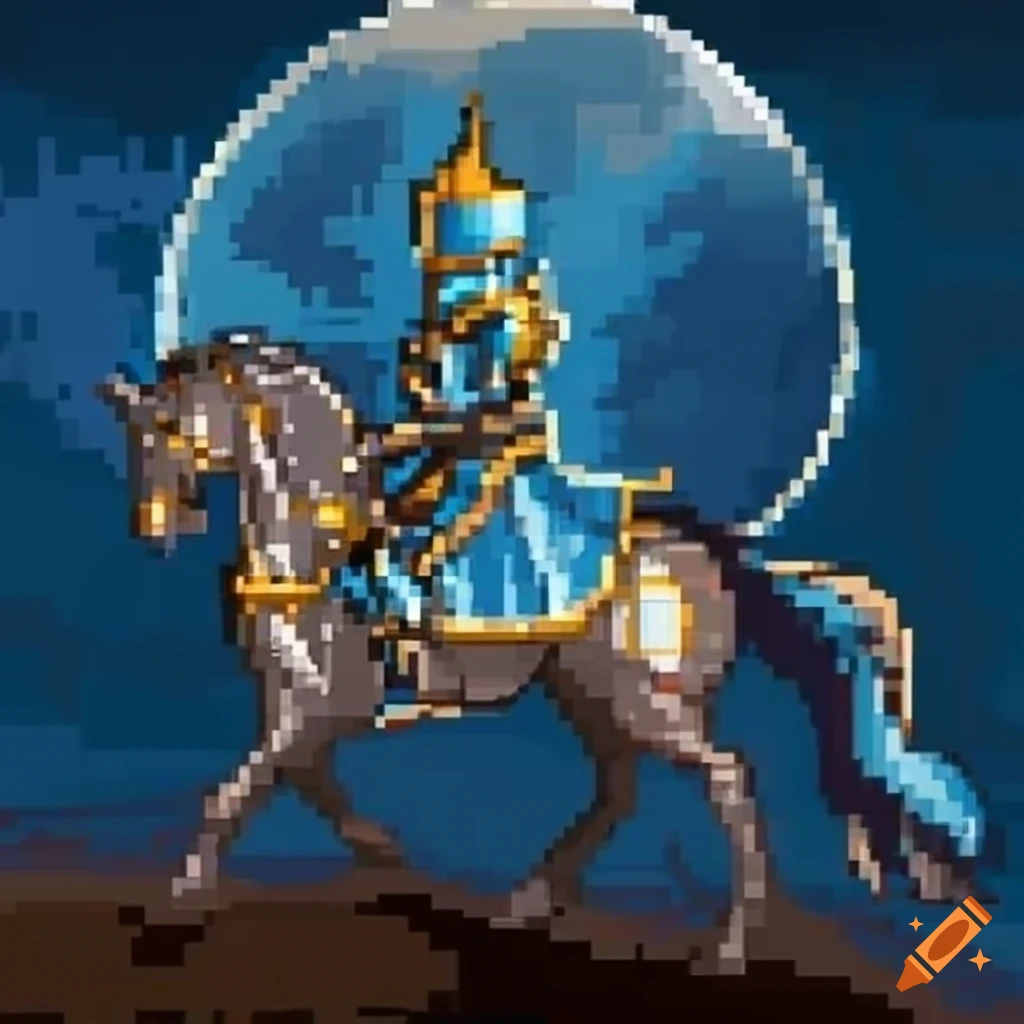 Pixel art of a magic knight riding a horse under the moon on Craiyon