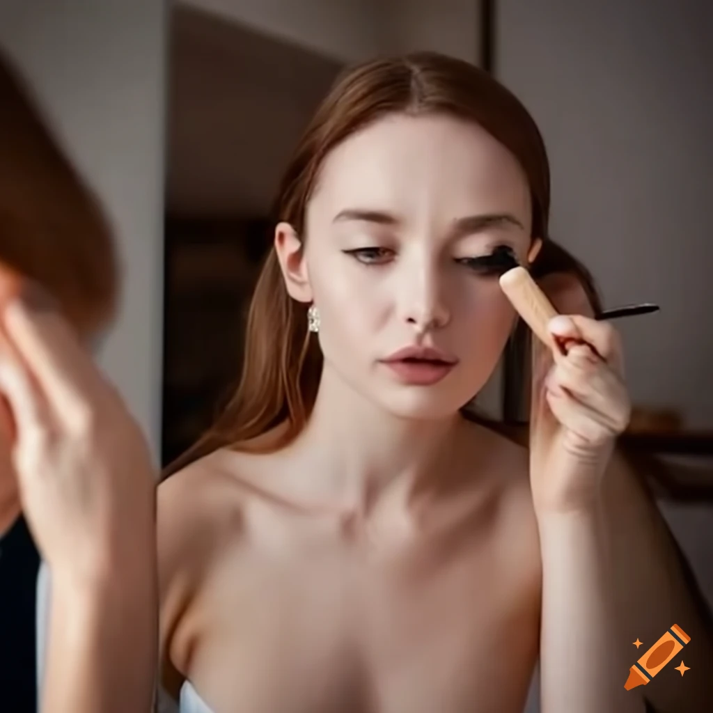 Young woman checking her makeup in the mirror on Craiyon