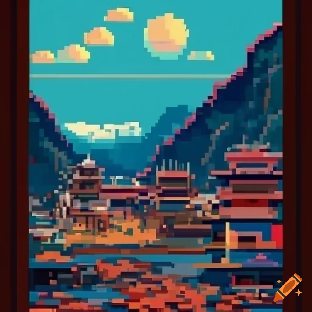Pixel art with dithering in a vintage travel poster style on Craiyon