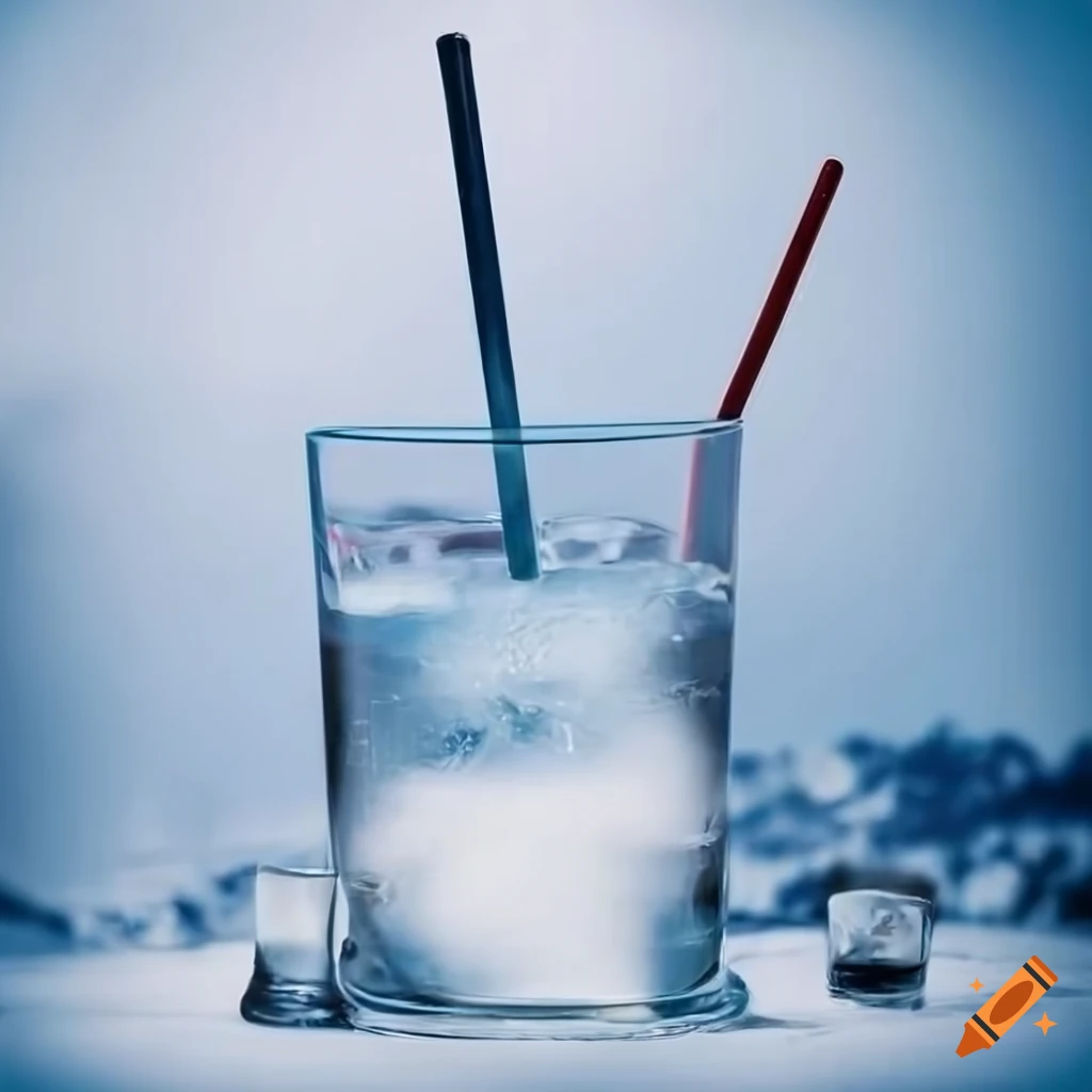 Glass with ice and straw on window sill overlooking snowy landscape on ...