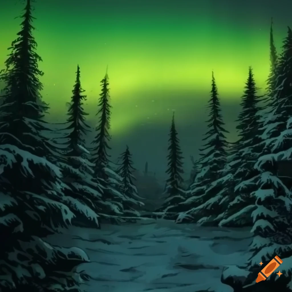 Norse style comic cover of snow-covered forest with northern lights in ...