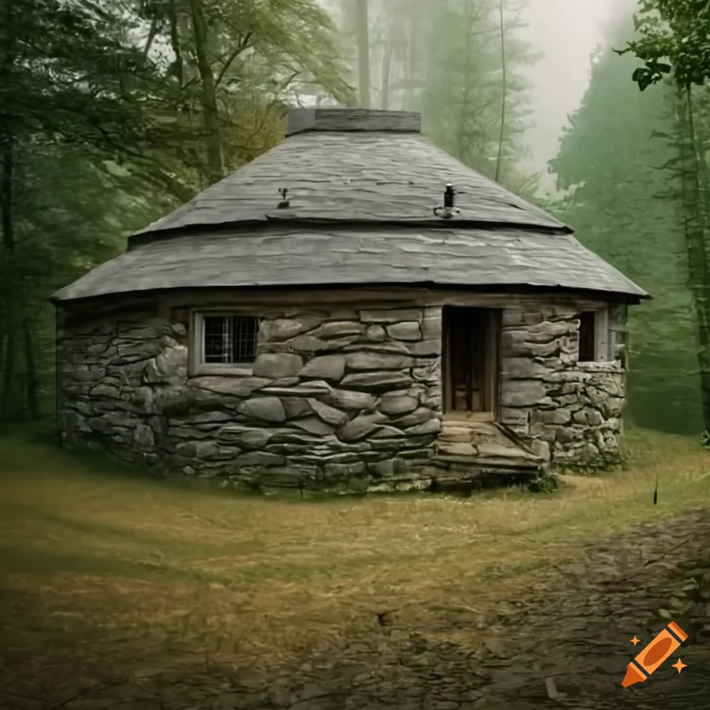 Round Stone And Log Cabin