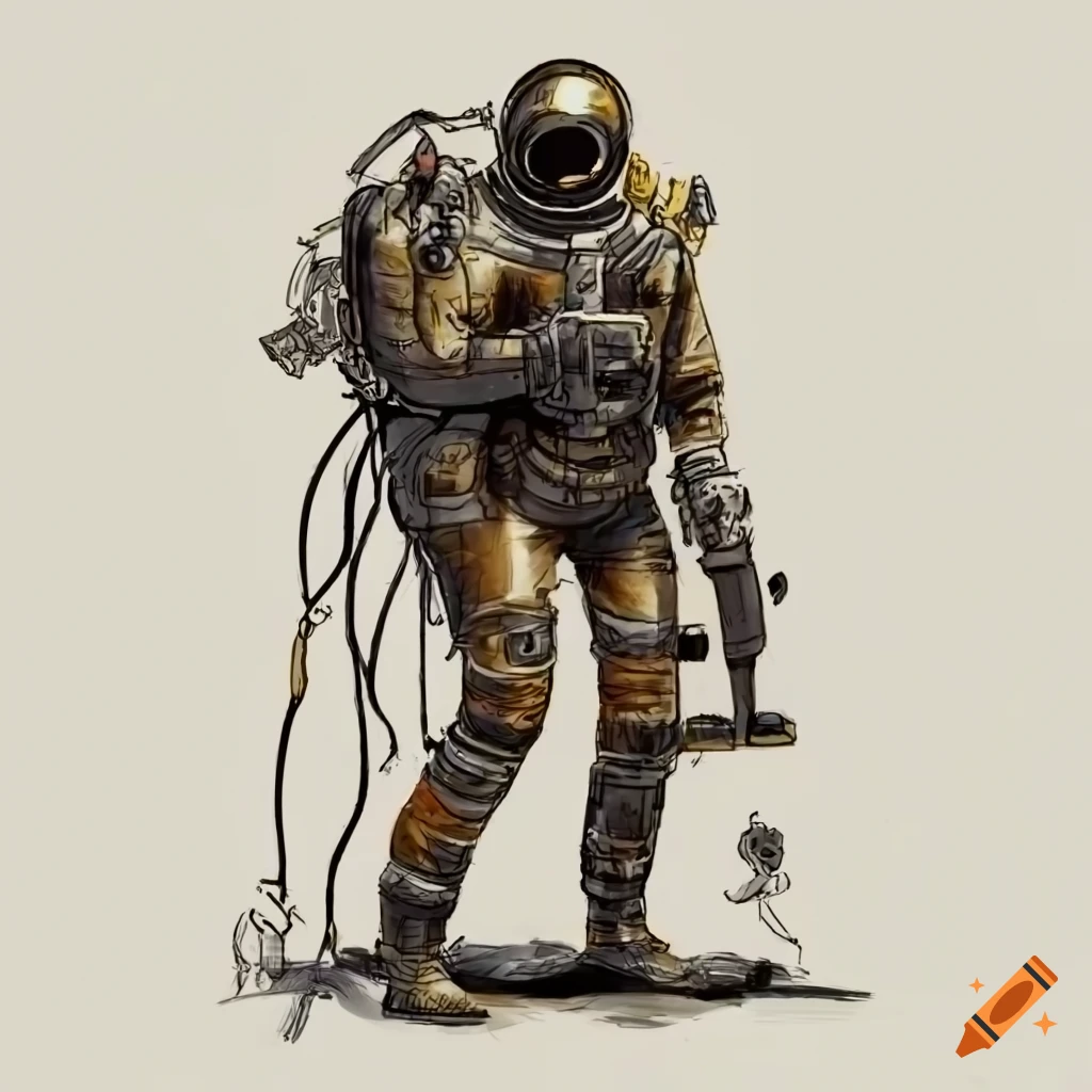 Character design of a retro sci-fi raygun-gothic astronaut-scavenger in ...