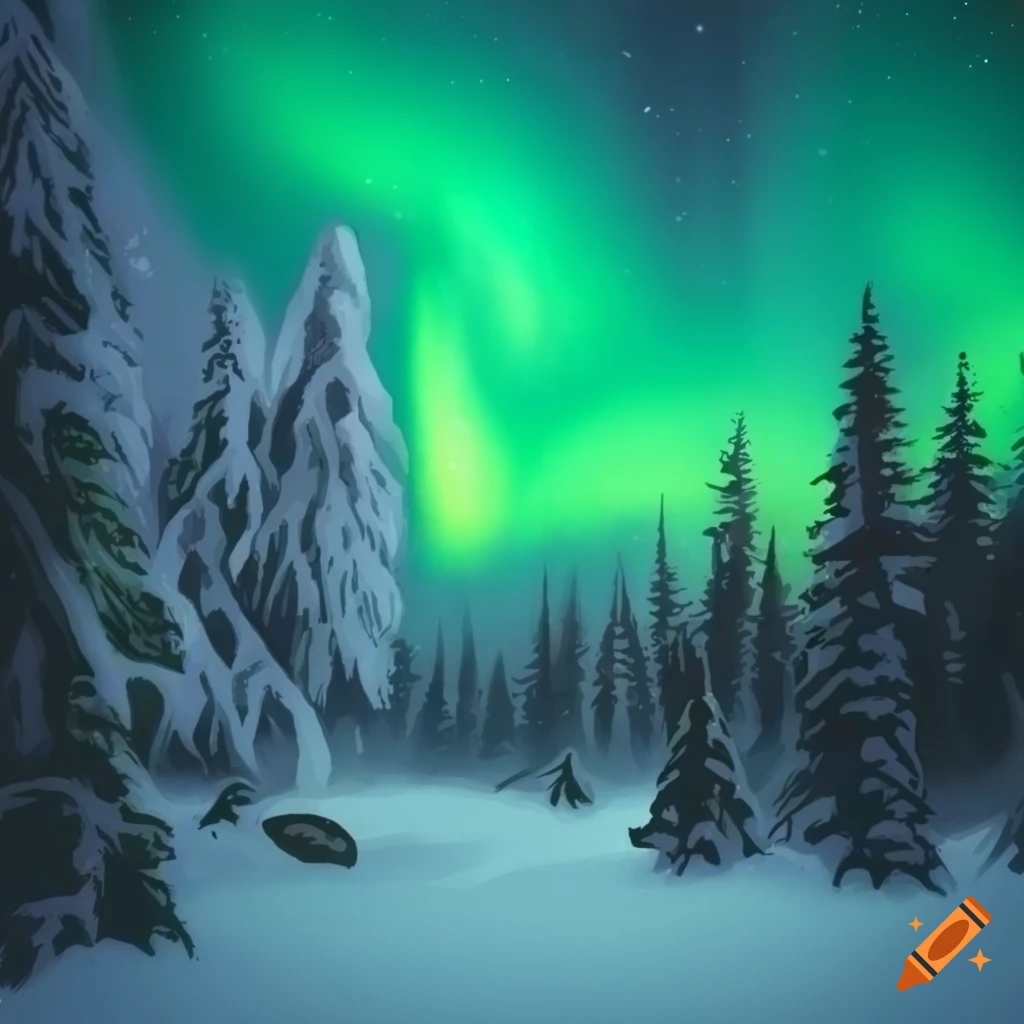 Norse style comic cover of snow-covered forest with northern lights on ...