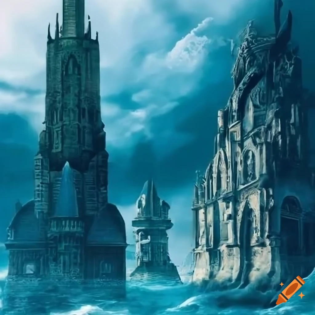 Giant medieval city with stone buildings and angel statues amidst ...