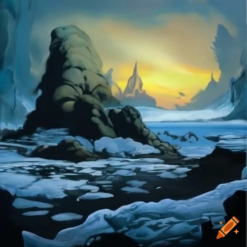 Ice prehistoric landscape in the style of frank frazetta on Craiyon