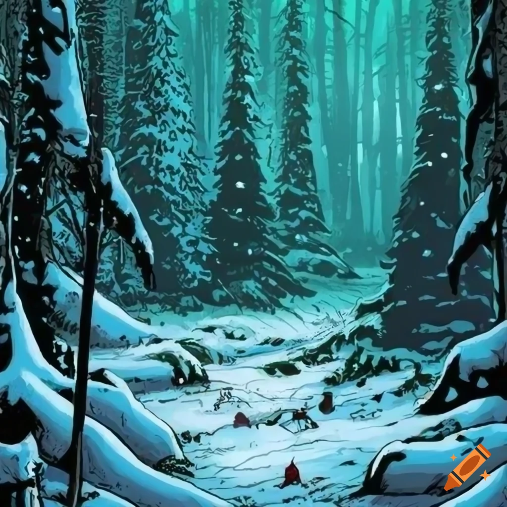 Norse style comic cover of snowy forest in light green colors on Craiyon